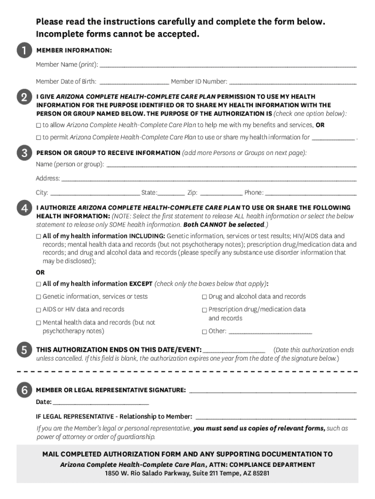Fillable Online Completing this form will allow Arizona Complete Health ...