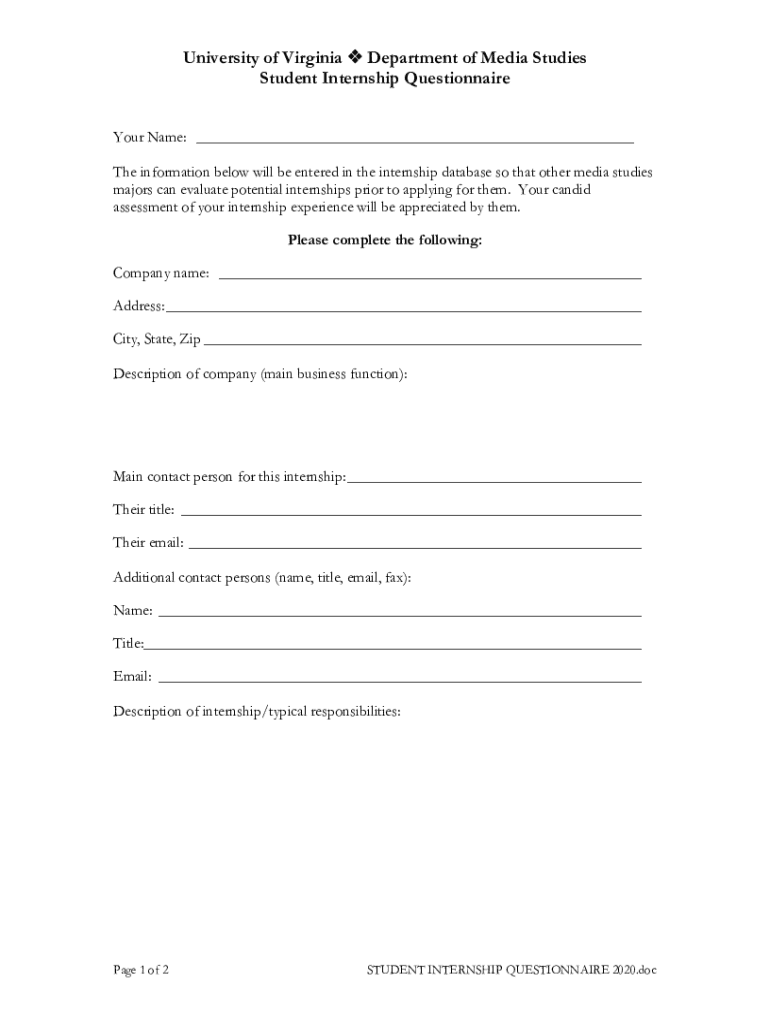 Fillable Online University of Virginia - Student Internship ...