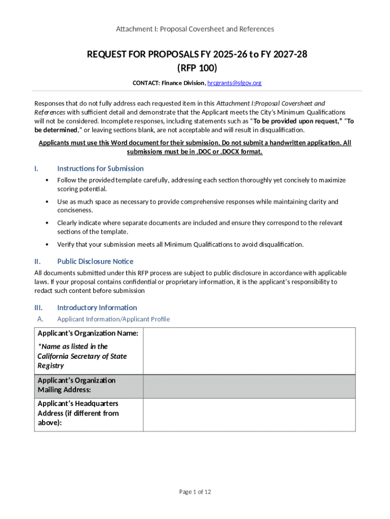 Request for Proposals Fy 2025-26 to Fy 2027-28 Doc Template | pdfFiller