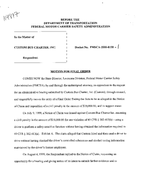 Fillable Online Motion for Final Order Against Custom Bus Charter, Inc ...
