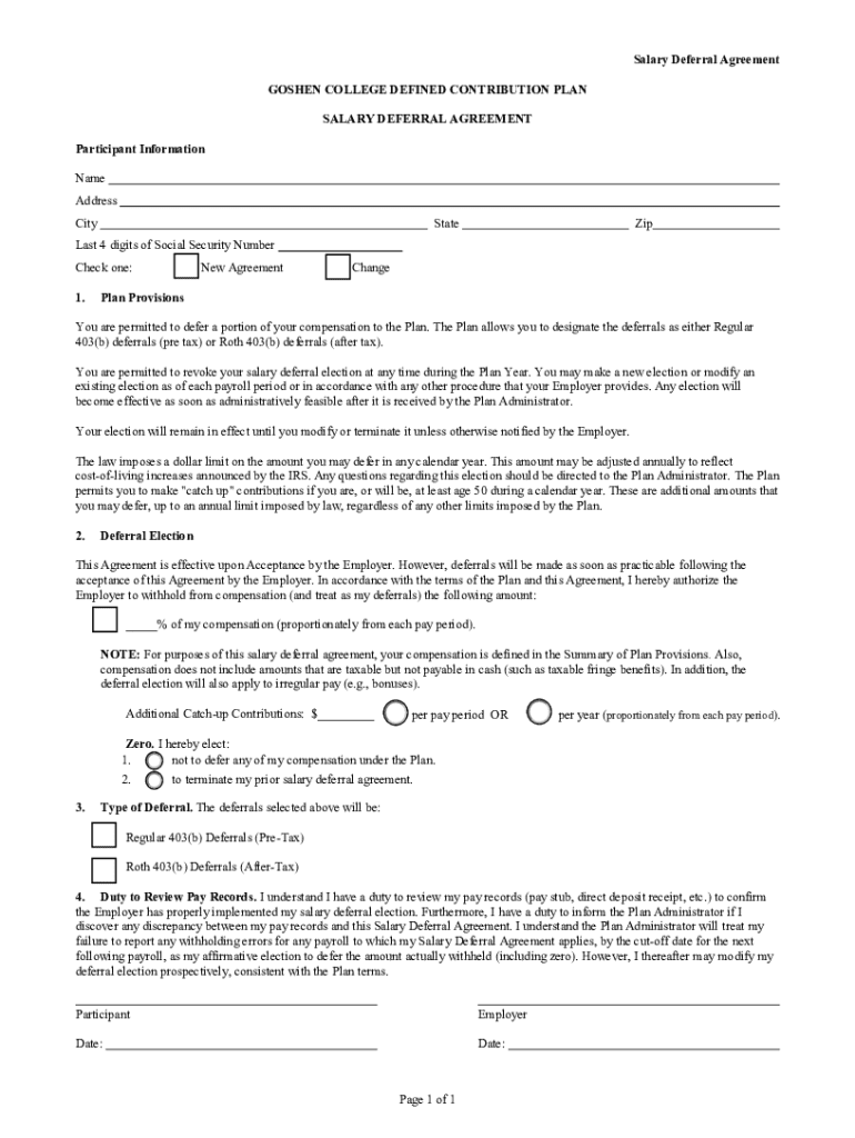 Fillable Online Goshen College Defined Contribution Plan Salary Deferral Agreement Fax Email ...