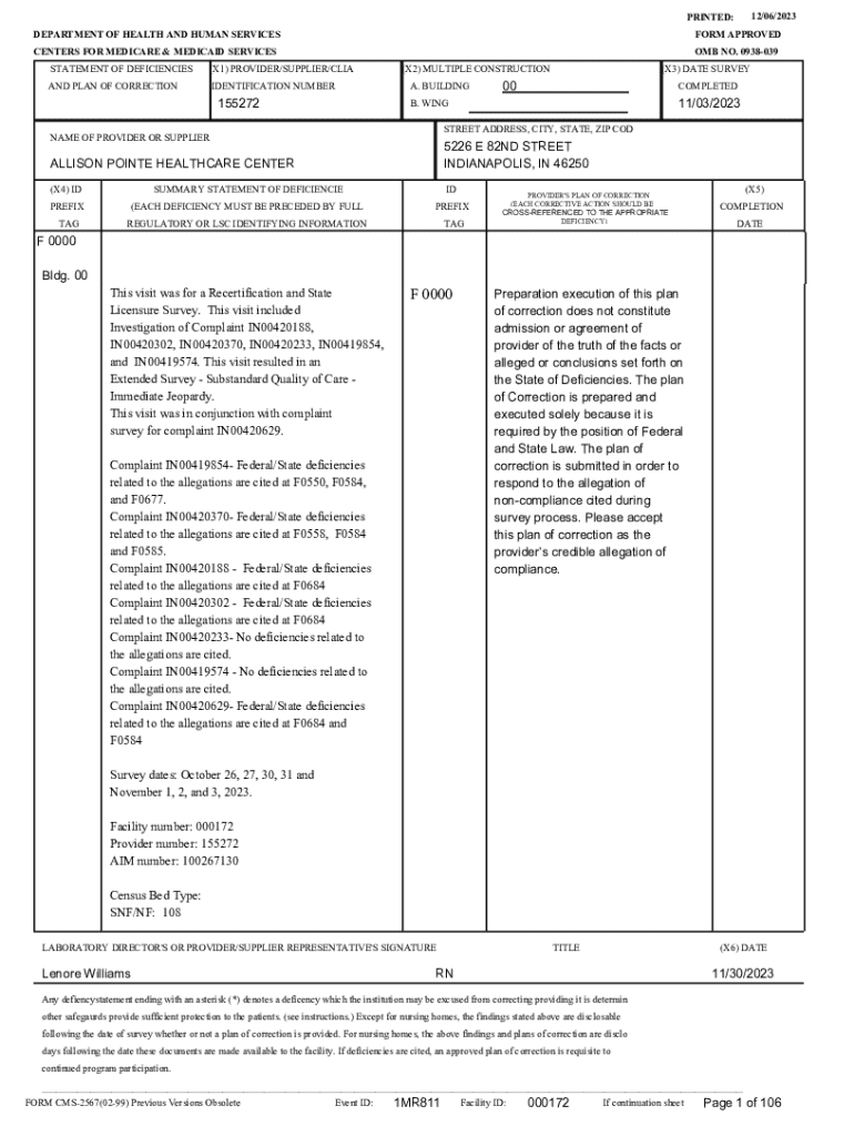 Fillable Online Statement of Deficiencies and Plan of Correction Fax ...