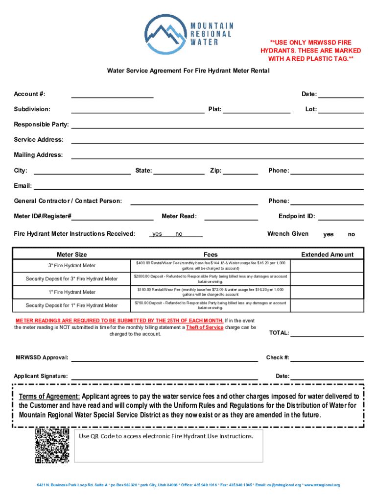Fillable Online Water Service Agreement for Fire Hydrant Meter Rental ...