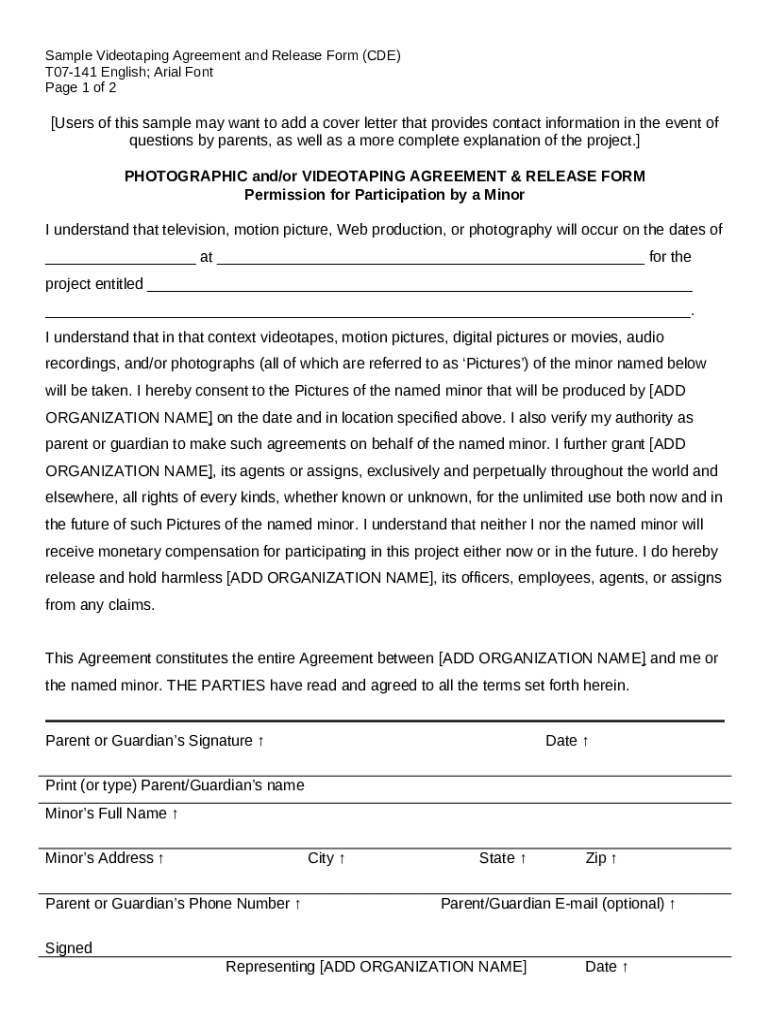 Photographic and/or Videotaping Agreement & Release Doc Template | pdfFiller