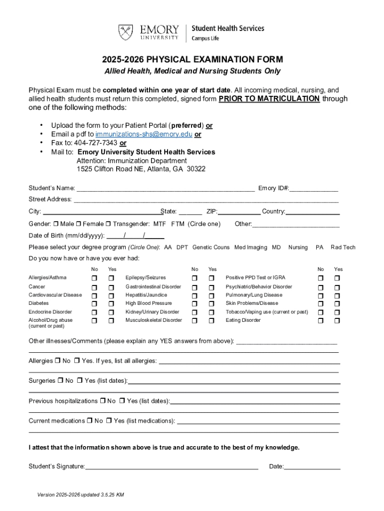 Fillable Online 2025-2026 Physical Examination Fax Email Print - pdfFiller