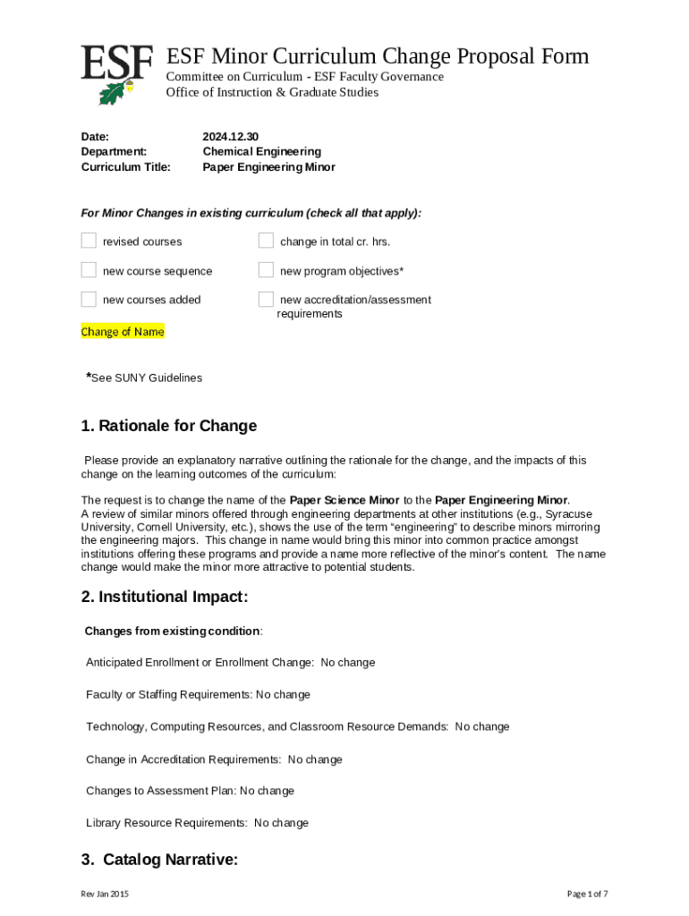 Esf Minor Curriculum Change Proposal Doc Template | pdfFiller