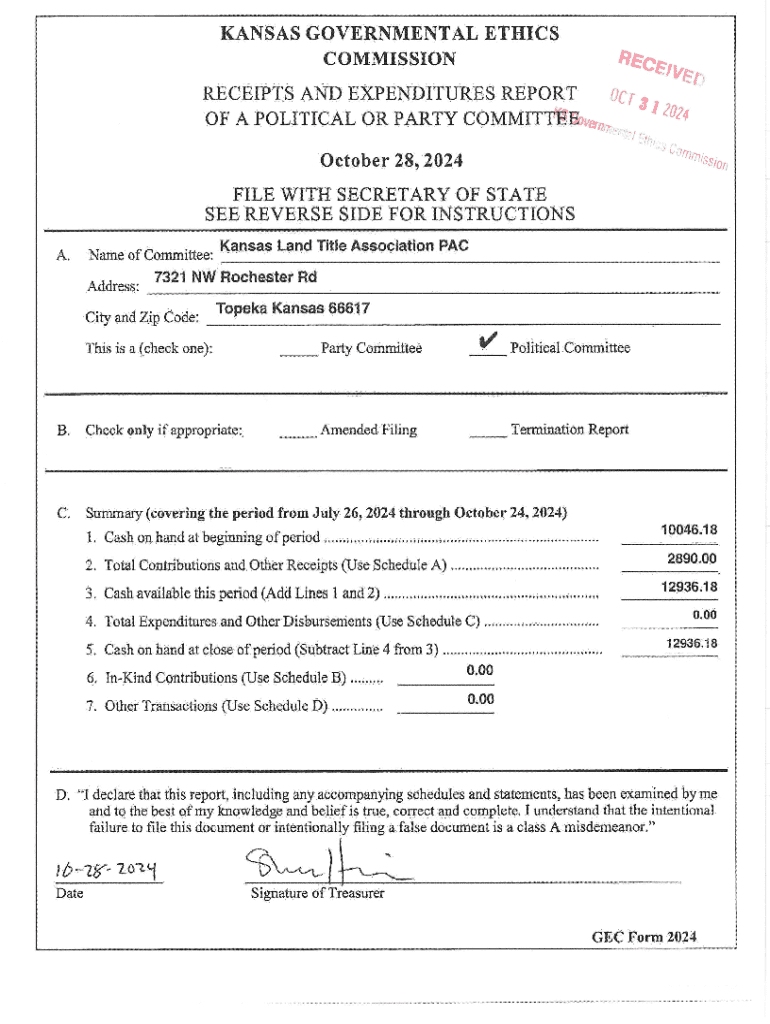 Fillable Online Kansas Governmental Ethics Commission Receipts and ...