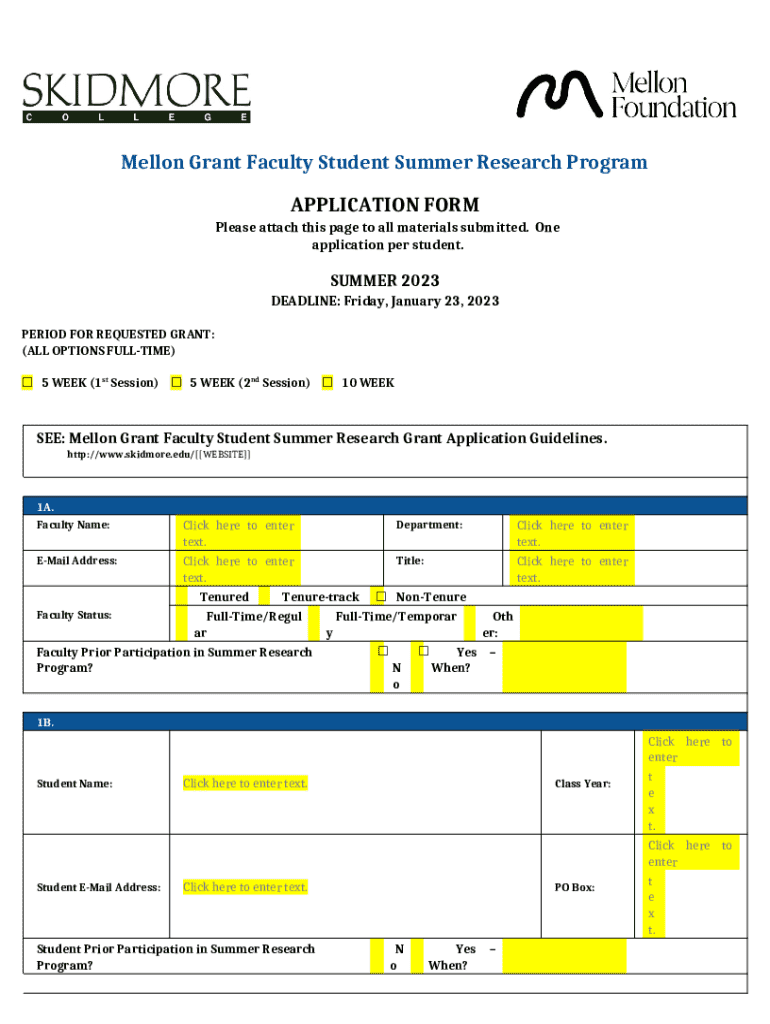 Mellon Grant Faculty Student Summer Research Program Application Doc Template | pdfFiller