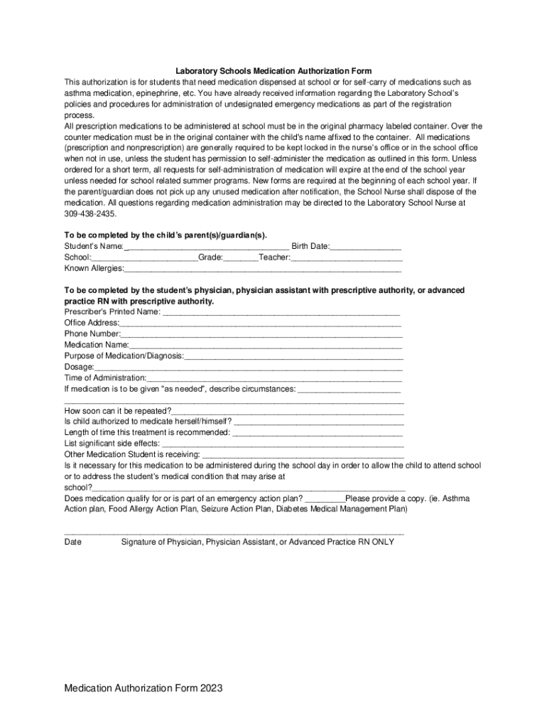 Fillable Online Laboratory Schools Medication Authorization Form Fax ...