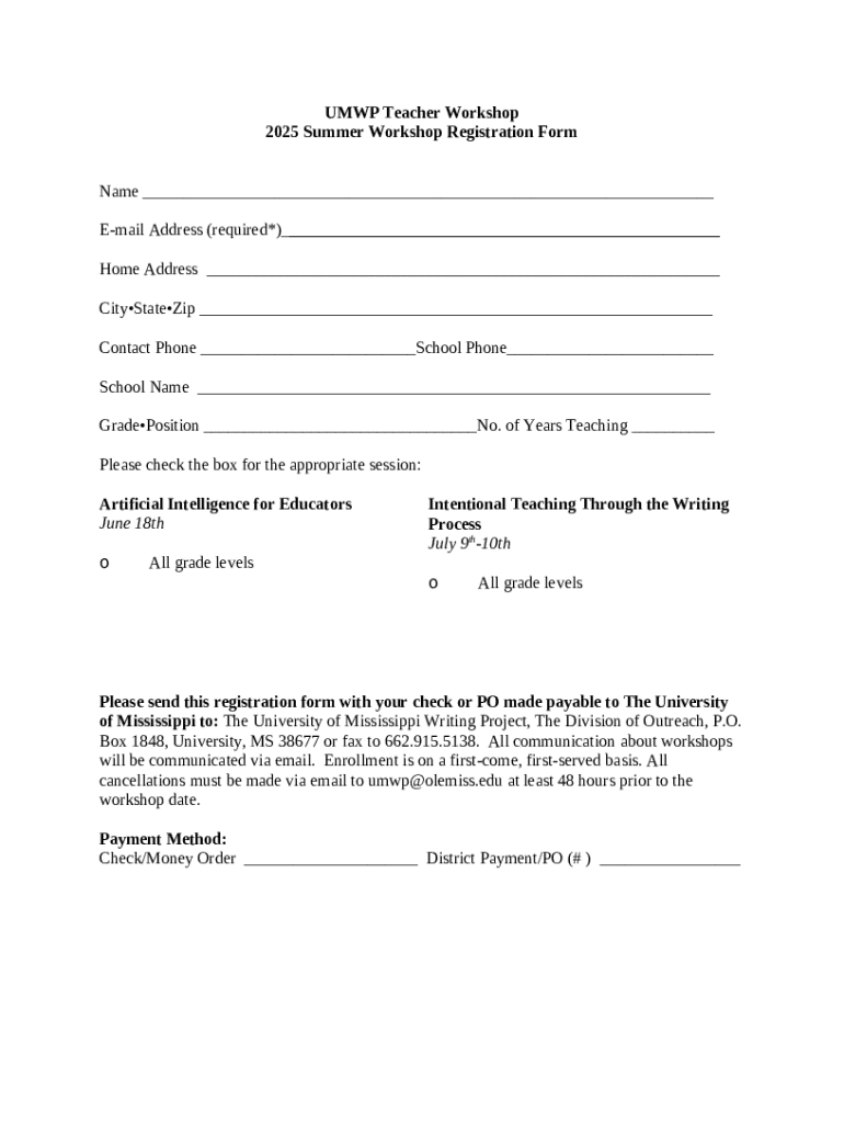 Umwp Teacher Workshop Registration Doc Template | pdfFiller