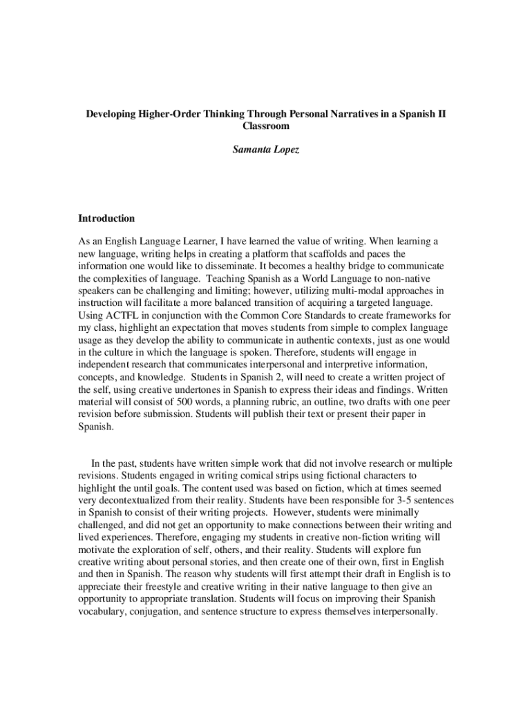 Fillable Online Developing Higher-Order Thinking Through Personal ...