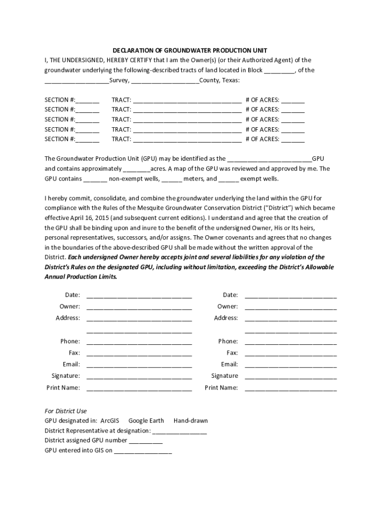 Fillable Online Declaration of Groundwater Production Unit Fax Email Print - pdfFiller