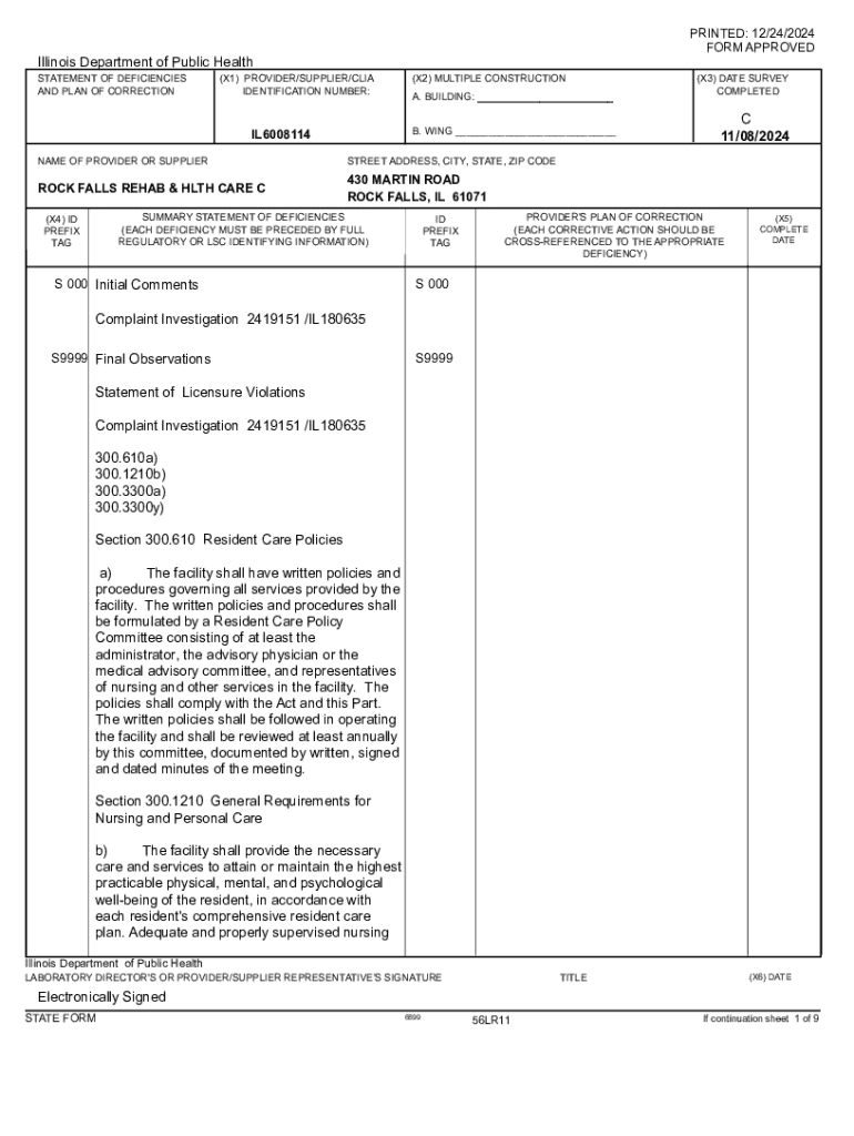Fillable Online Statement of Deficiencies and Plan of Correction Fax ...