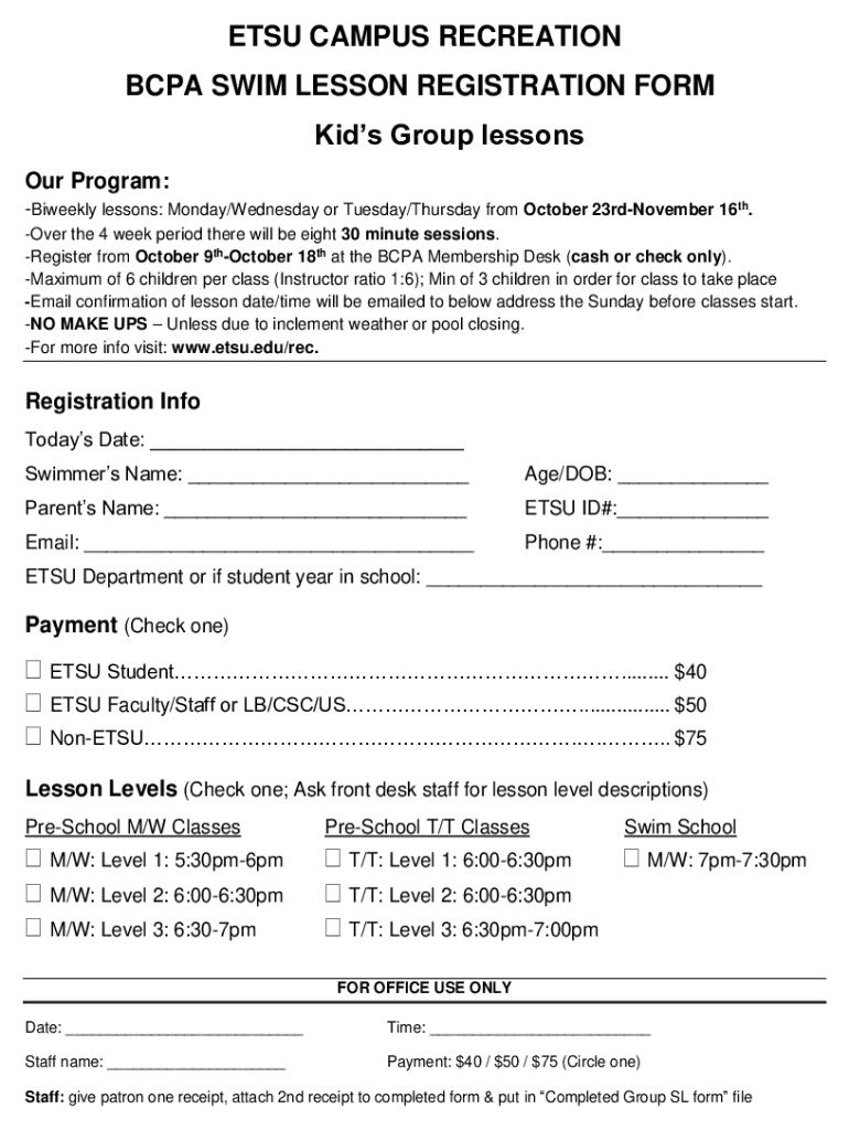 Fillable Online Etsu Campus Recreation Swim Lesson Registration Fax Email Print - pdfFiller