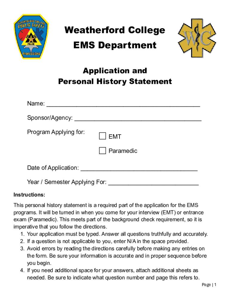 Fillable Online Weatherford College Emt Program Application Fax Email ...