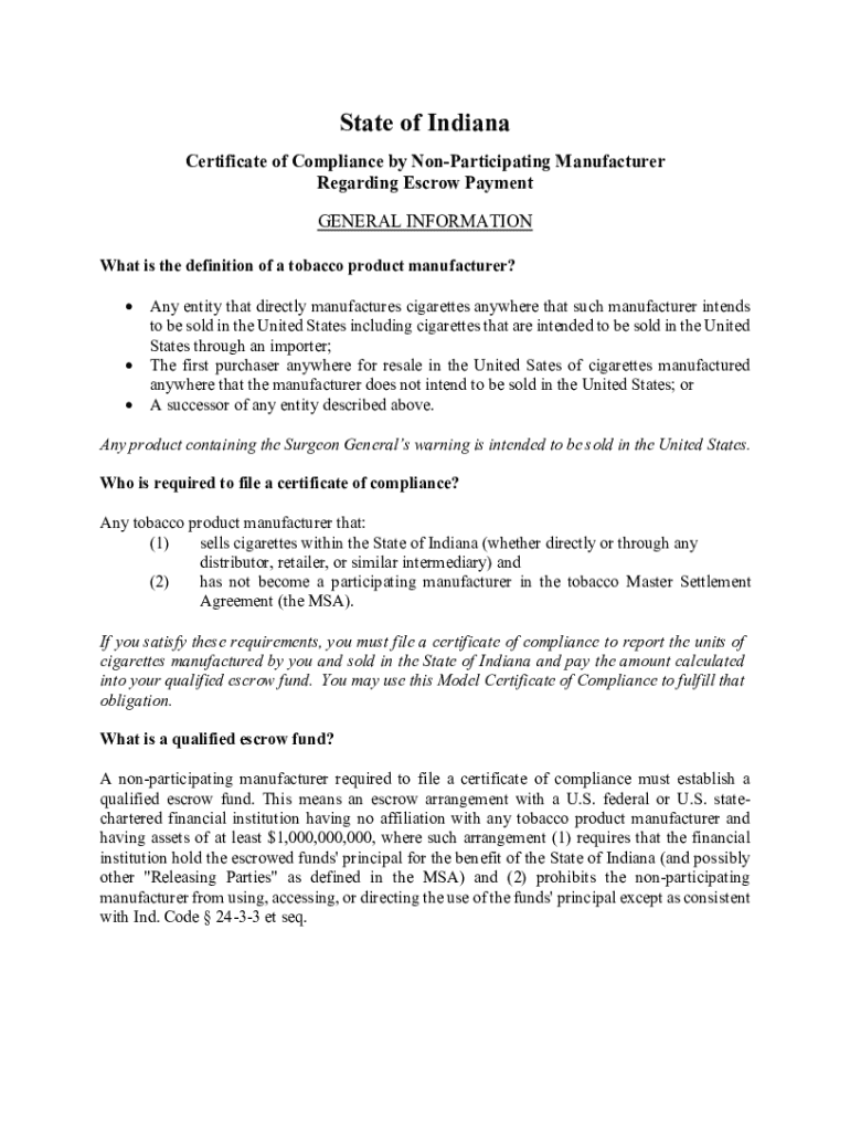 Fillable Online State of Indiana Certificate of Compliance Regarding Escrow Payment Fax Email ...