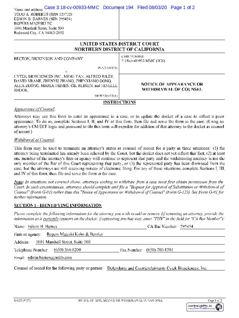 Fillable Online Notice of Appearance or Withdrawal of Counsel Fax Email ...