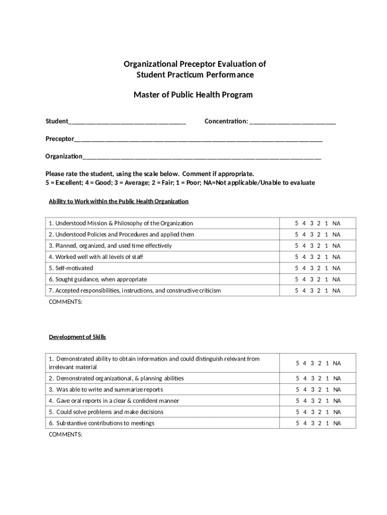 Organizational Preceptor Evaluation of Student Practicum Perance Doc Template | pdfFiller