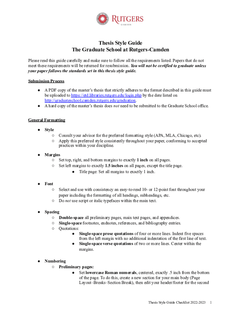 Fillable Online Thesis Style Guide - the Graduate School at Rutgers ...