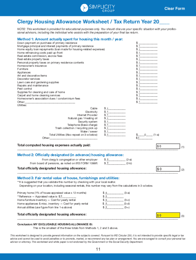 Fillable Online Clergy Housing Allowance Worksheet / Tax Return Year 20 ...