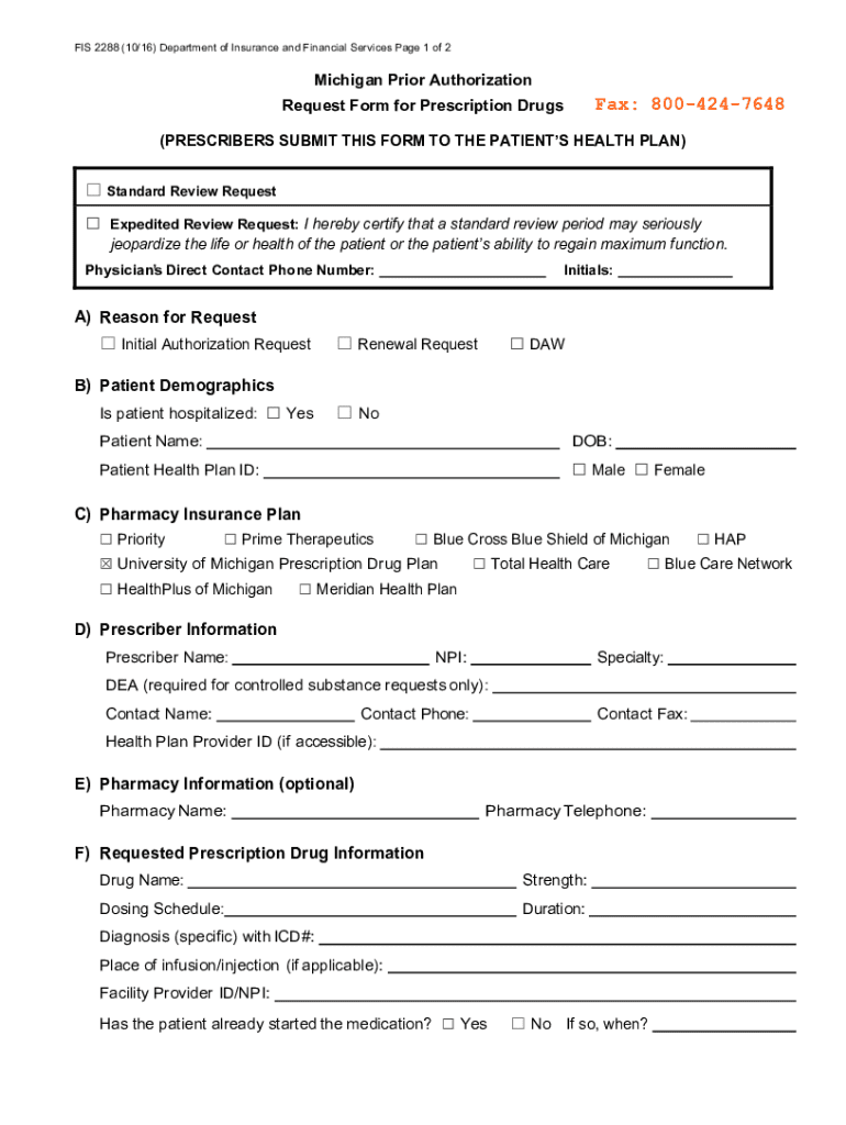 Fillable Online Michigan Prior Authorization Request Form for ...