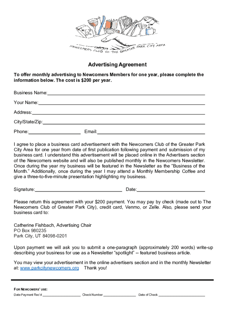 Fillable Online Advertising Agreement With Newcomers Club Fax Email ...