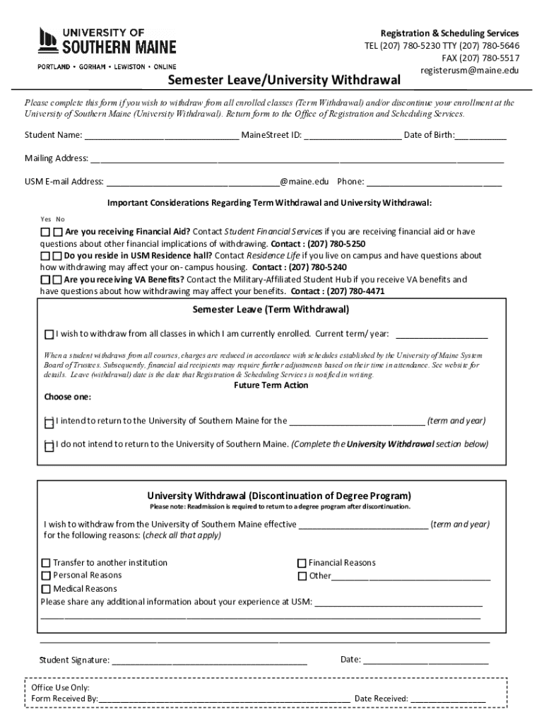 Fillable Online Semester Leave/university Withdrawal Fax Email Print ...