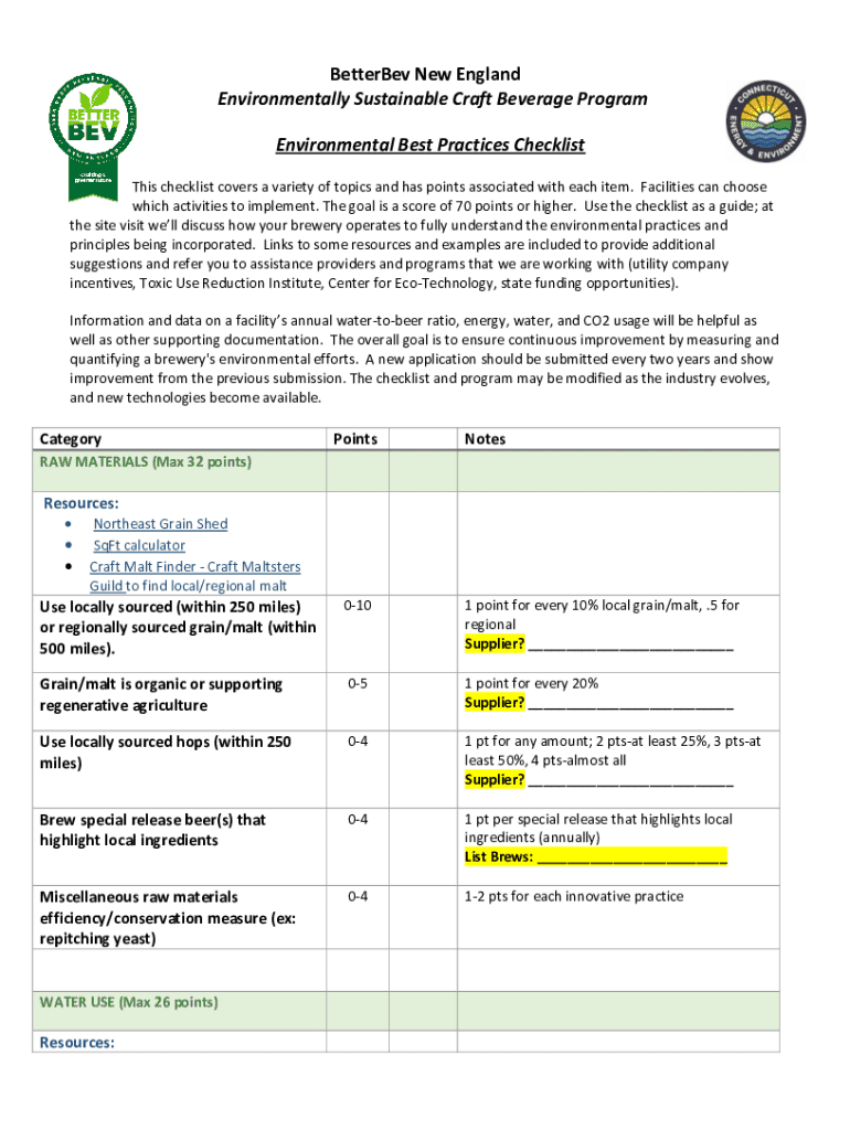 Fillable Online Betterbev New England Environmental Best Practices ...