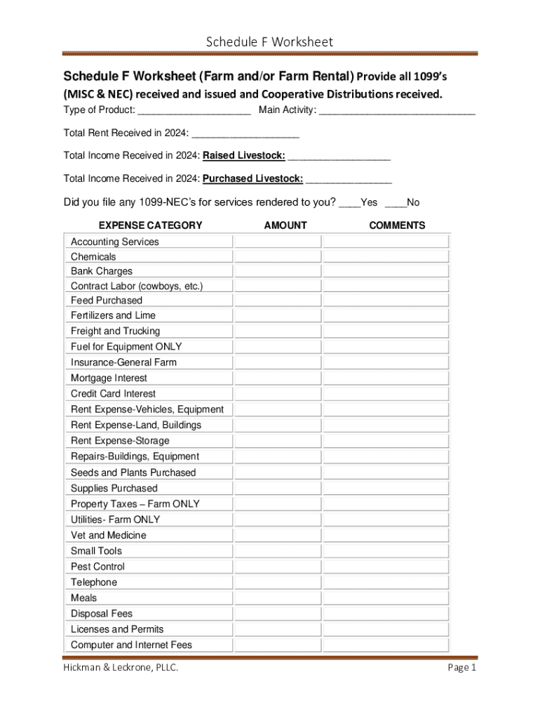 Fillable Online Schedule F Worksheet (farm and/or Farm Rental) Fax ...