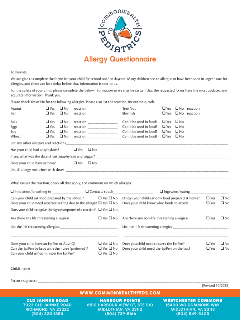 Fillable Online Allergy Questionnaire for Parents Fax Email Print ...