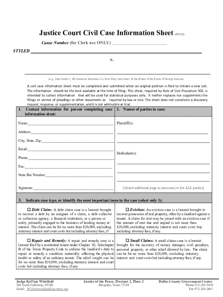 Fillable Online Justice Court Civil Case Information Sheet (9/1/13) Fax Email Print - pdfFiller