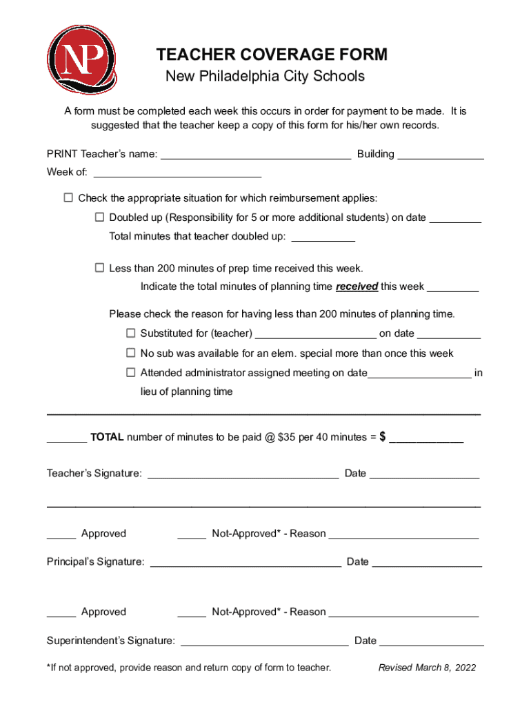 Fillable Online Teacher Coverage Form Fax Email Print - pdfFiller