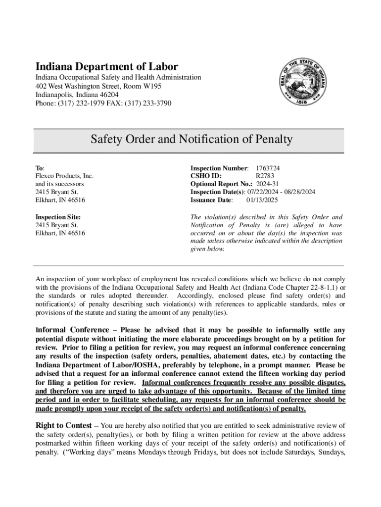 Fillable Online Indiana Department of Labor - Iosha Safety Order Fax ...