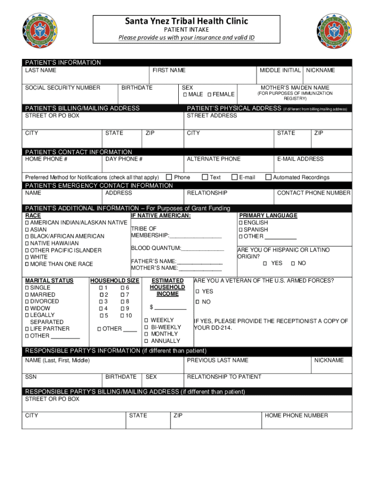 Fillable Online Santa Ynez Tribal Health Clinic Patient Intake Fax ...