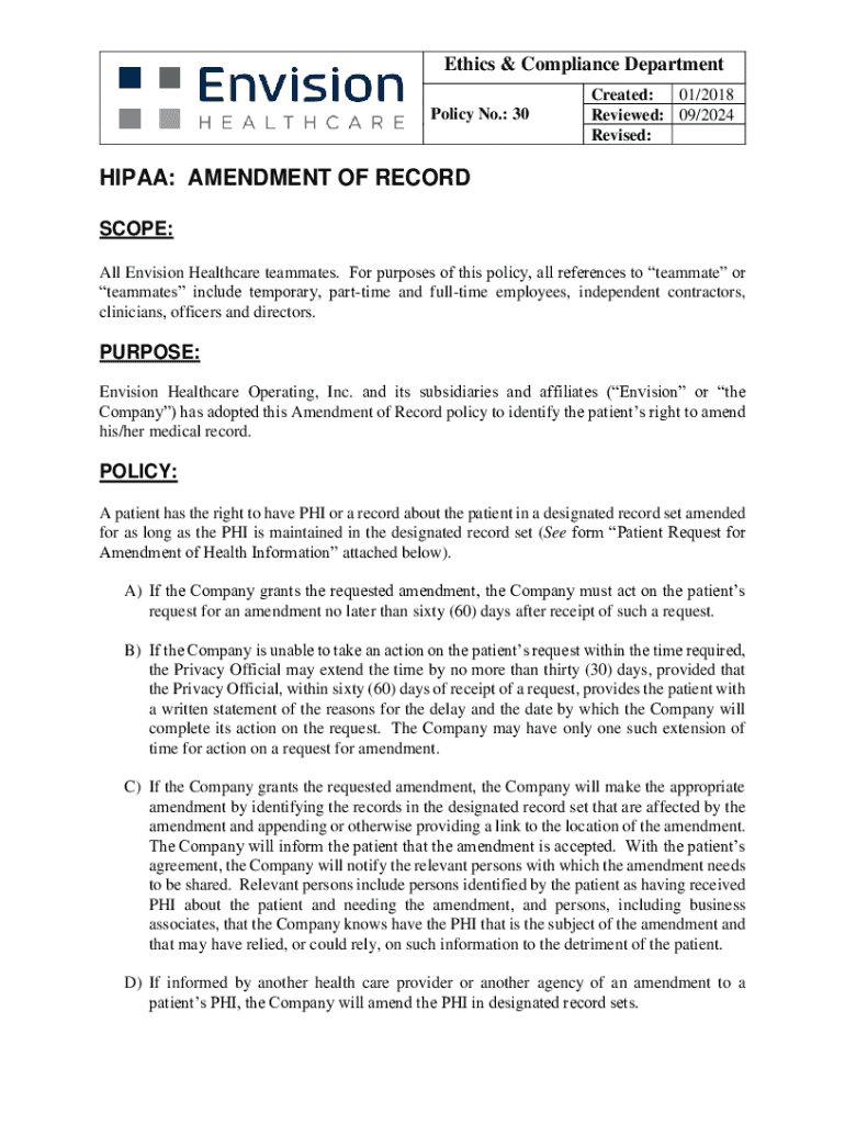 Fillable Online Hipaa: Amendment of Record Policy Fax Email Print ...
