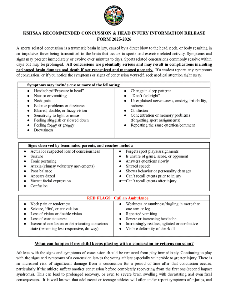Fillable Online Kshsaa Concussion Information Release Form Fax Email Print - pdfFiller