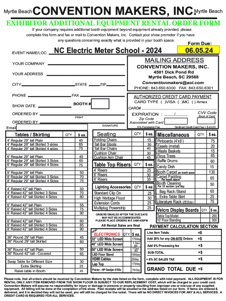 Fillable Online Exhibitor Additional Equipment Rental Order Form Fax ...