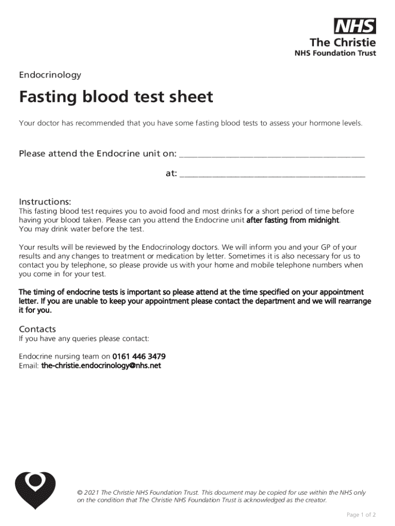 Fillable Online Endocrinology Fasting Blood Test Instructions Fax Email ...