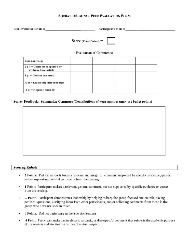 Fillable Online Socratic Seminar Peer Evaluation Fax Email Print ...