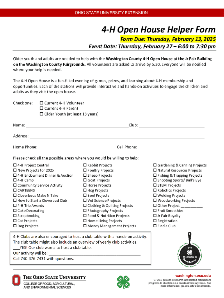 Fillable Online 4-h Open House Volunteer Sign-up Fax Email Print ...