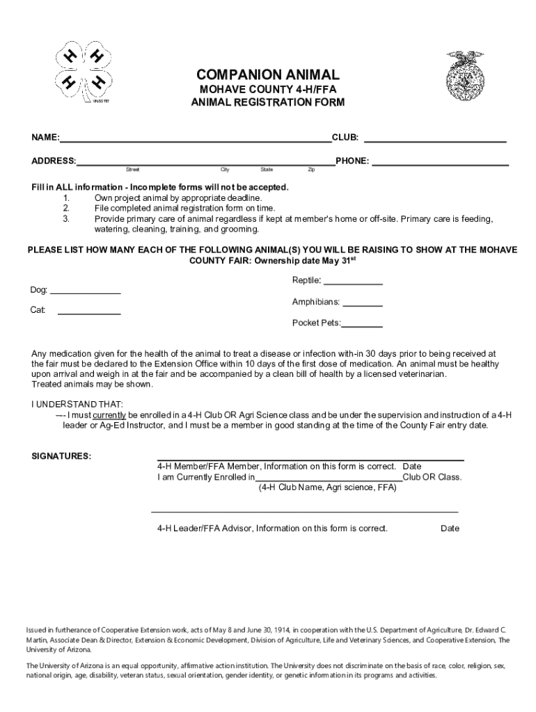 Fillable Online Mohave County 4-h/ffa Animal Registration Form Fax ...