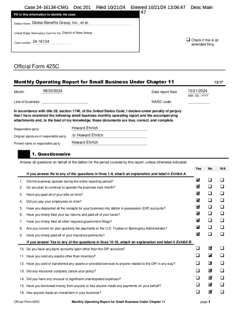 Fillable Online Monthly Operating Report for Small Business Under ...
