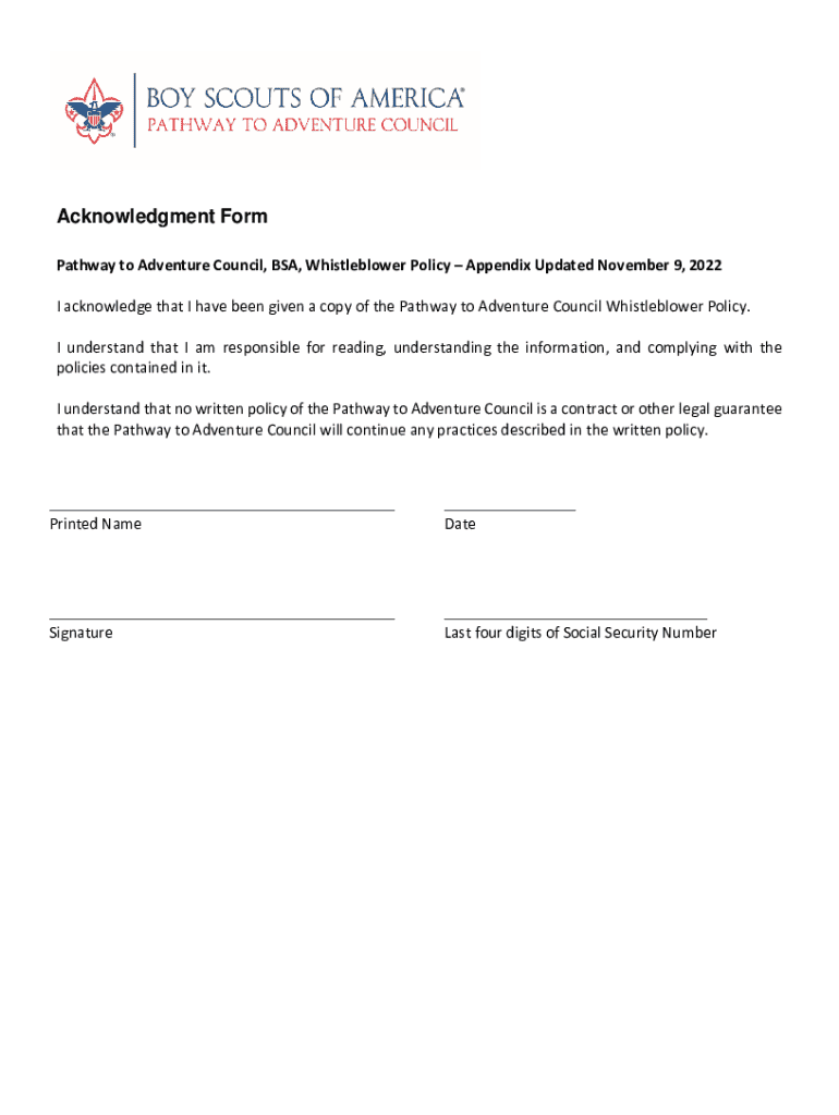 Fillable Online Pathway to Adventure Council Whistleblower Policy Acknowledgment Fax Email Print ...