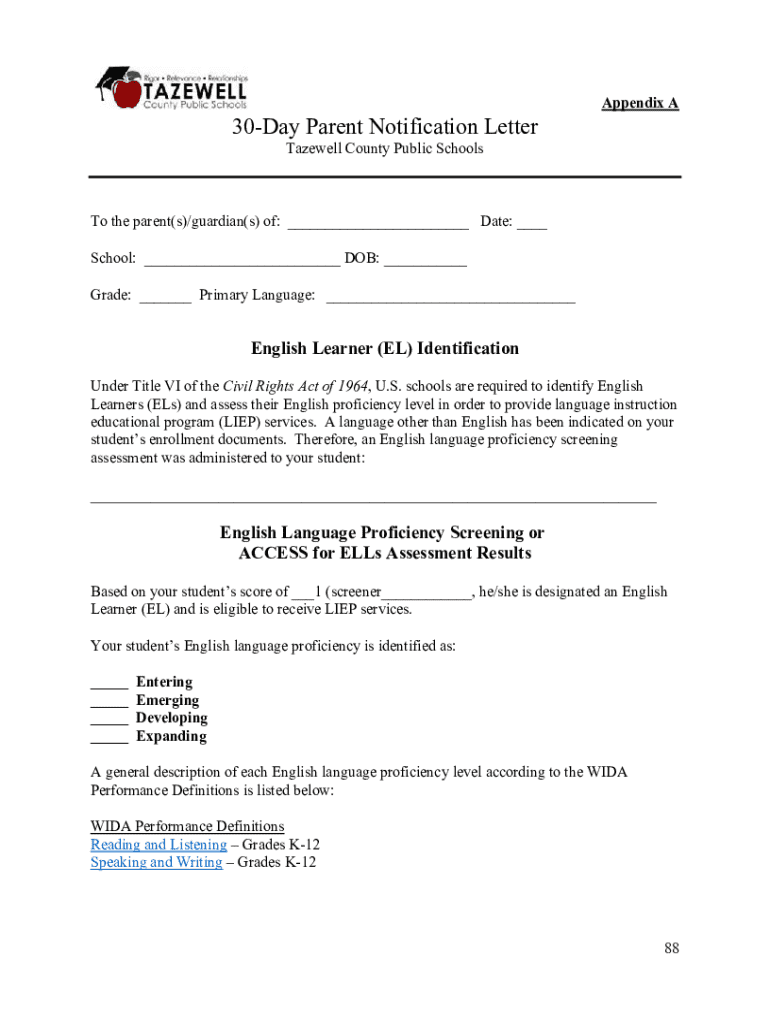Fillable Online 30-day Parent Notification Letter Fax Email Print ...