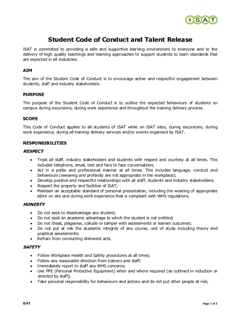 Fillable Online Student Code of Conduct and Talent Release Fax Email ...