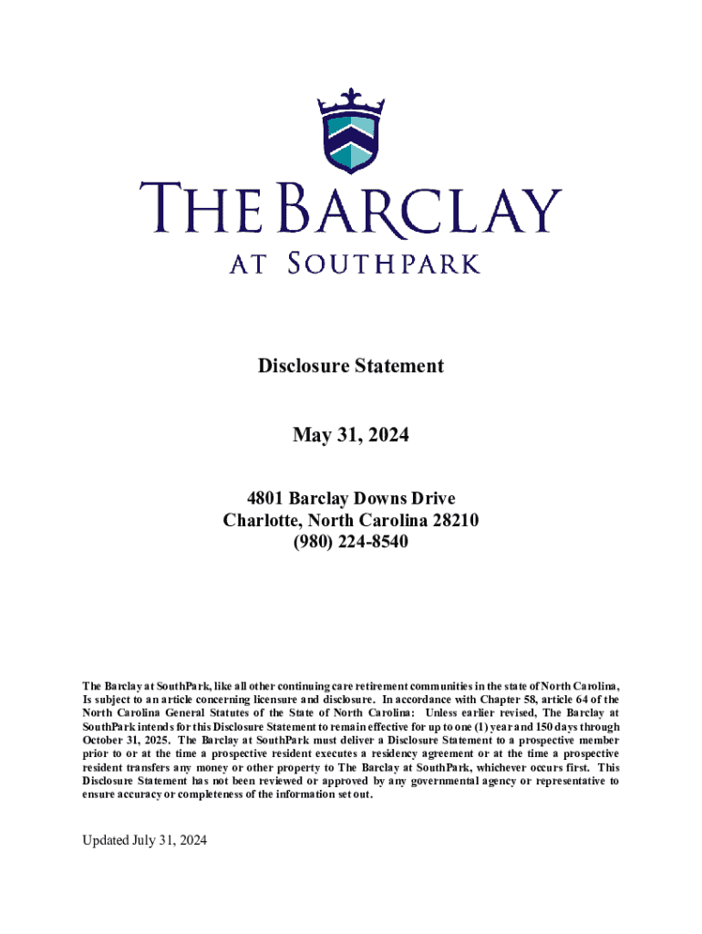 Fillable Online Disclosure Statement - the Barclay at Southpark Fax ...