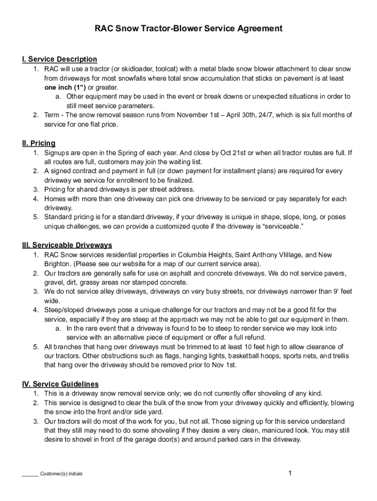 Fillable Online Rac Snow Tractor-blower Service Agreement Fax Email ...