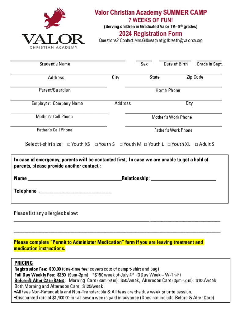 Fillable Online Valor Christian Academy Summer Camp Registration Fax ...