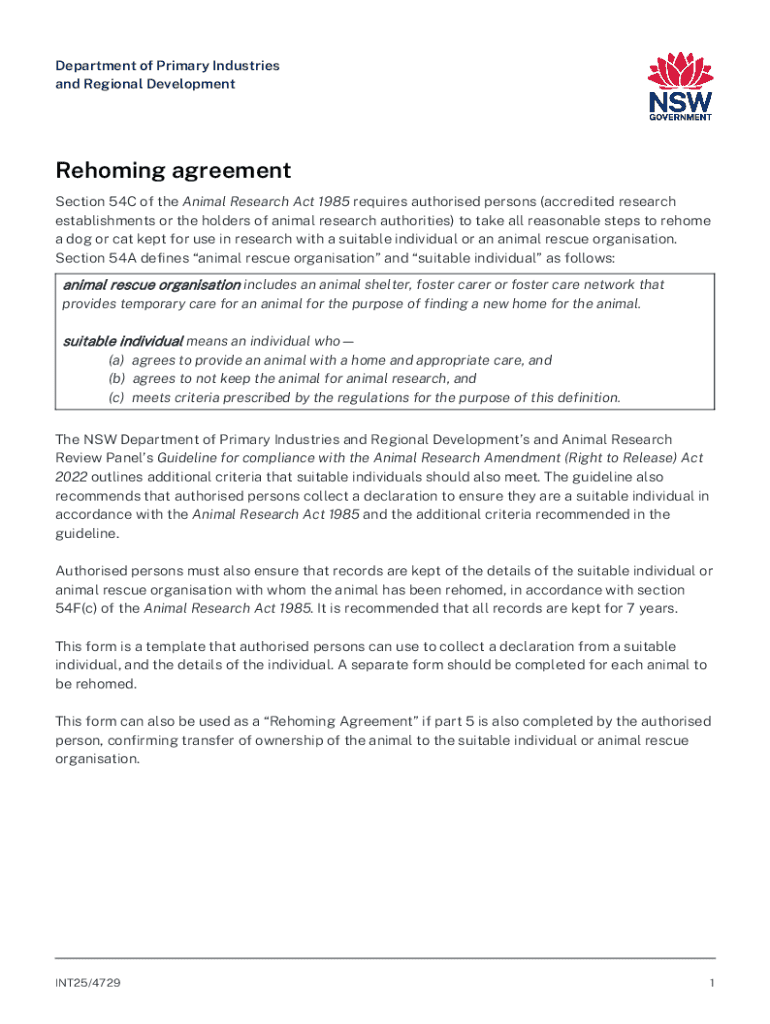Fillable Online Rehoming Agreement Under the Animal Research Act 1985 Fax Email Print - pdfFiller