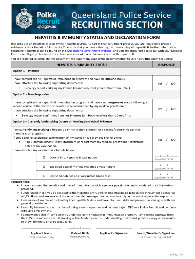 Fillable Online Hepatitis B Immunity Status and Declaration Fax Email ...